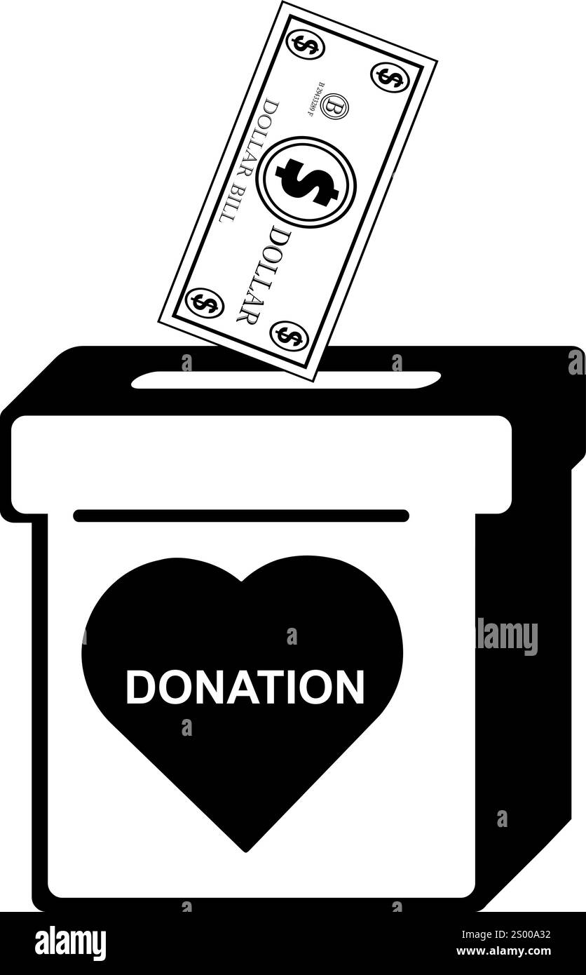 vector illustration black and white icon dollar bill and donate box ...