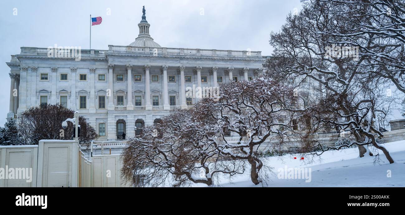 US Washington D. C. in winter snow. Capitol Building in night ...