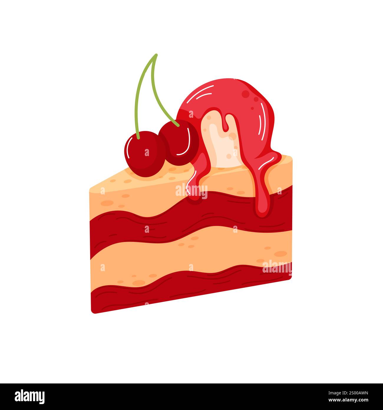 Slice of layered cherry cake with red filling, topped with cherries and ...