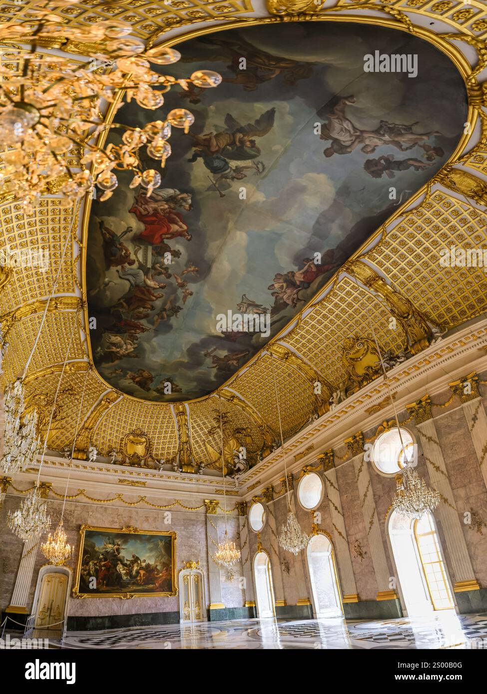 Painted and gilded ceiling of the Marble Hall ballroom in the New ...