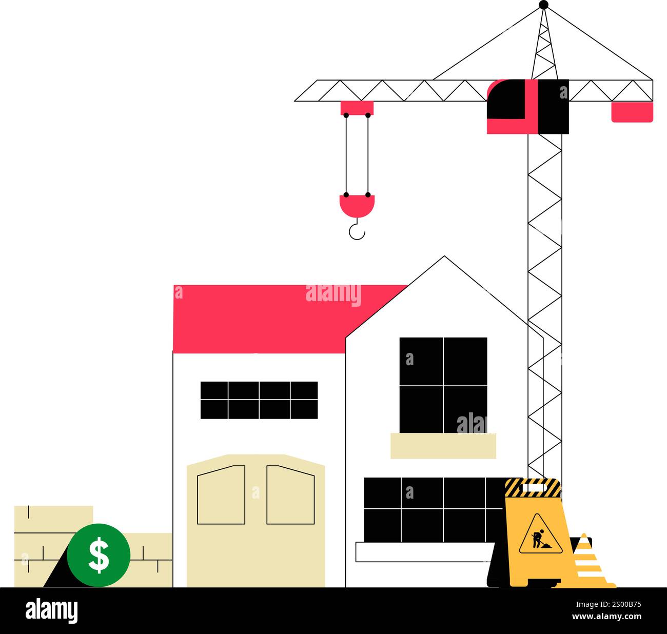 House Under Construction With Tower Crane And Dollar Sign In Flat ...