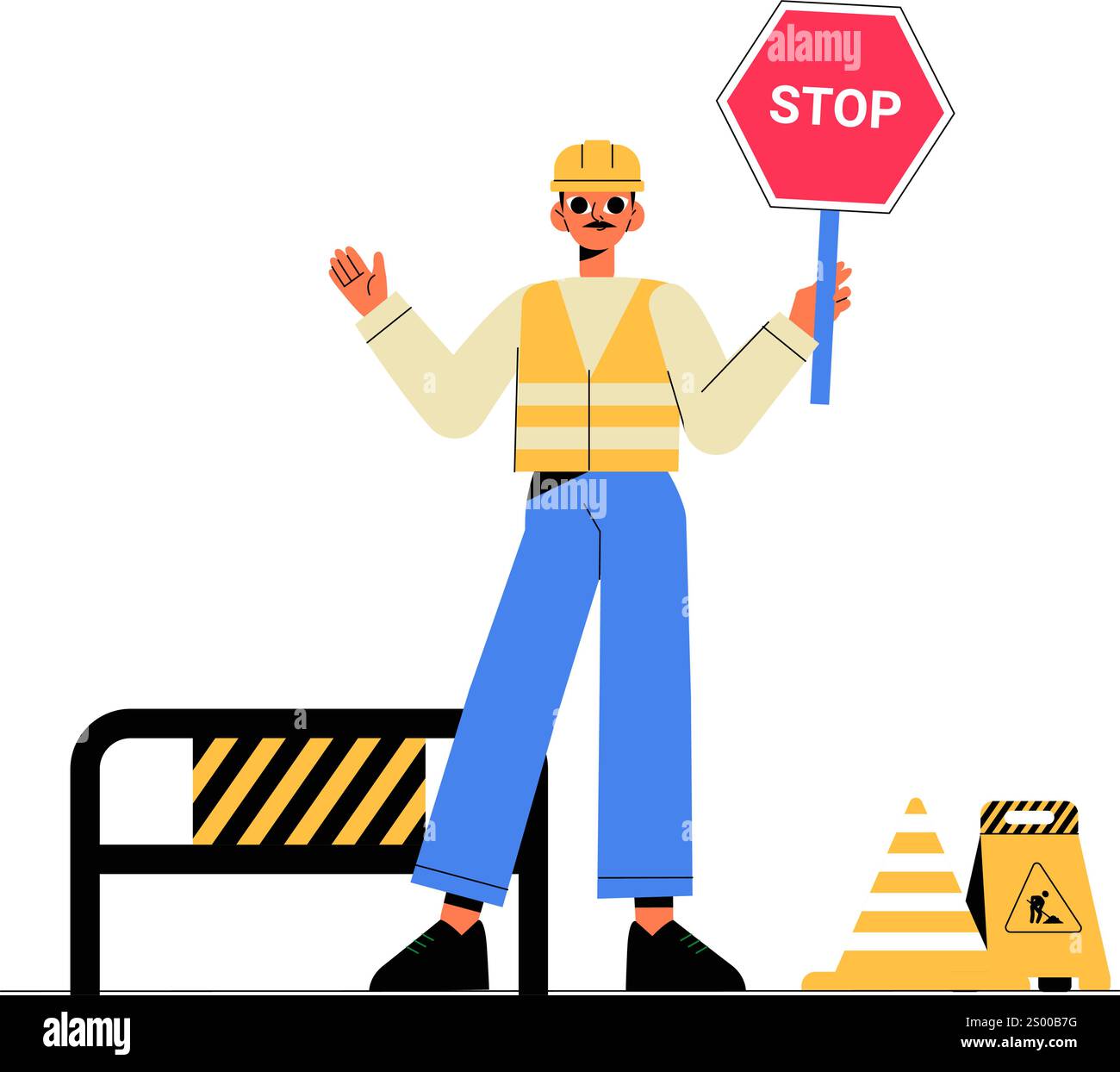 Construction Worker Holding Stop Sign In Flat Vector Illustration ...