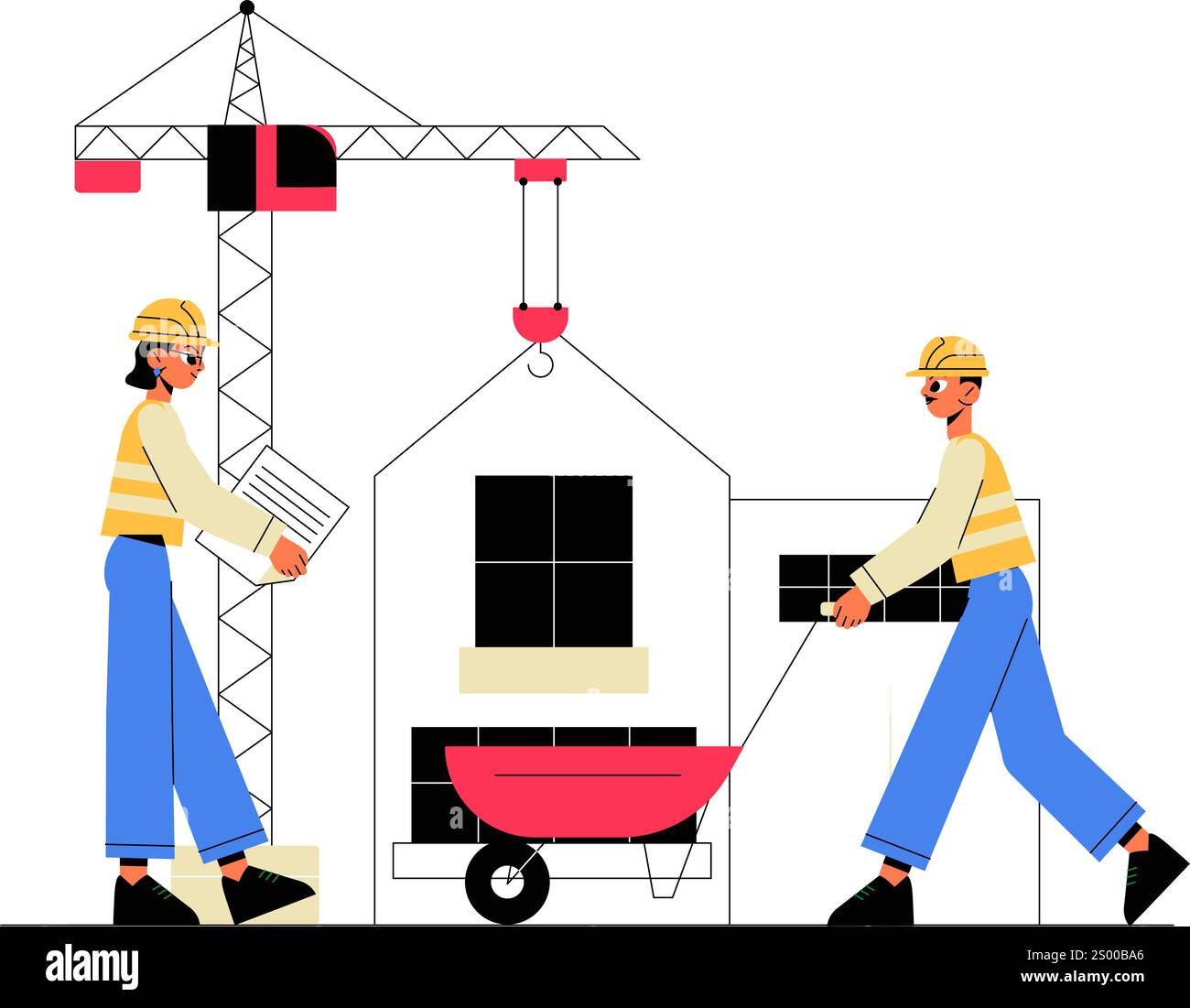 Builders Moving Construction Materials In Flat Vector Illustration ...
