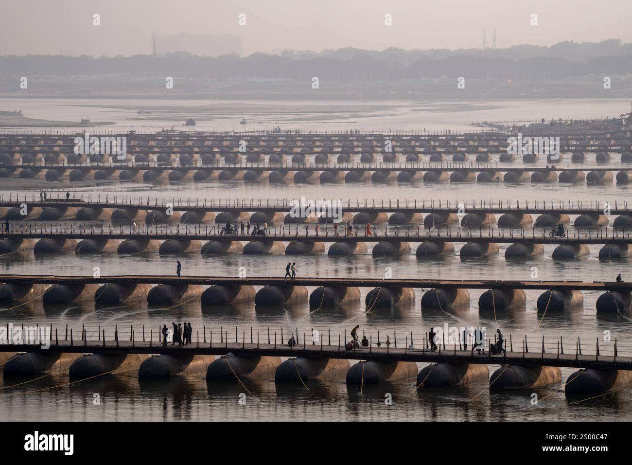 General view of floating pontoon bridges on the banks of river Ganges ...
