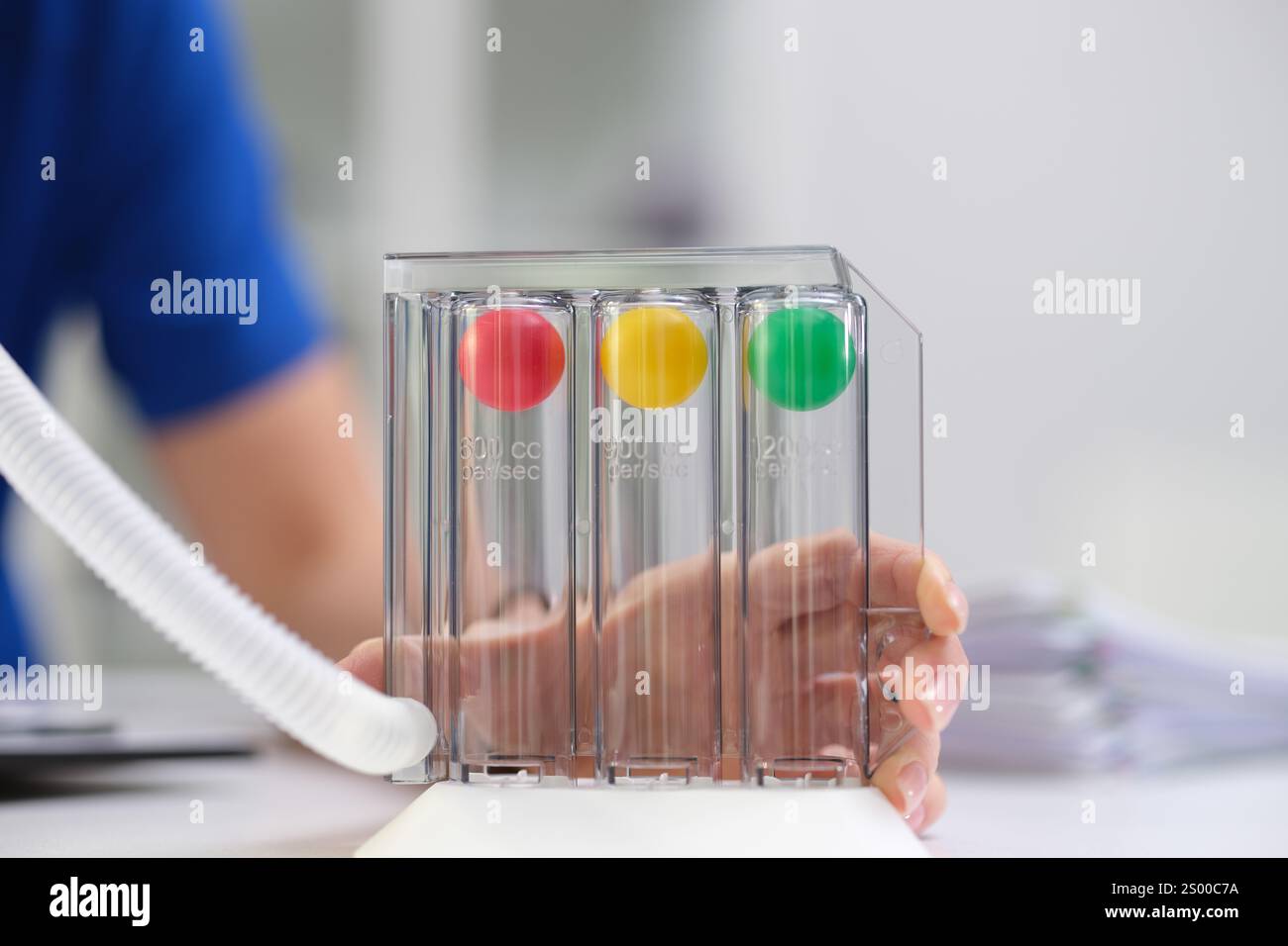 Closeup of a breathing monitor used for assessing pulmonary function ...