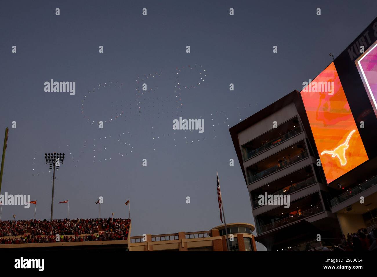 AUSTIN, TX - DECEMBER 21: A drone show displays CFP Lives Here in the sky over the stadium ...
