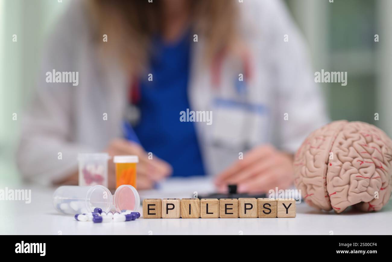 A detailed medical illustration centered on epilepsy, featuring ...