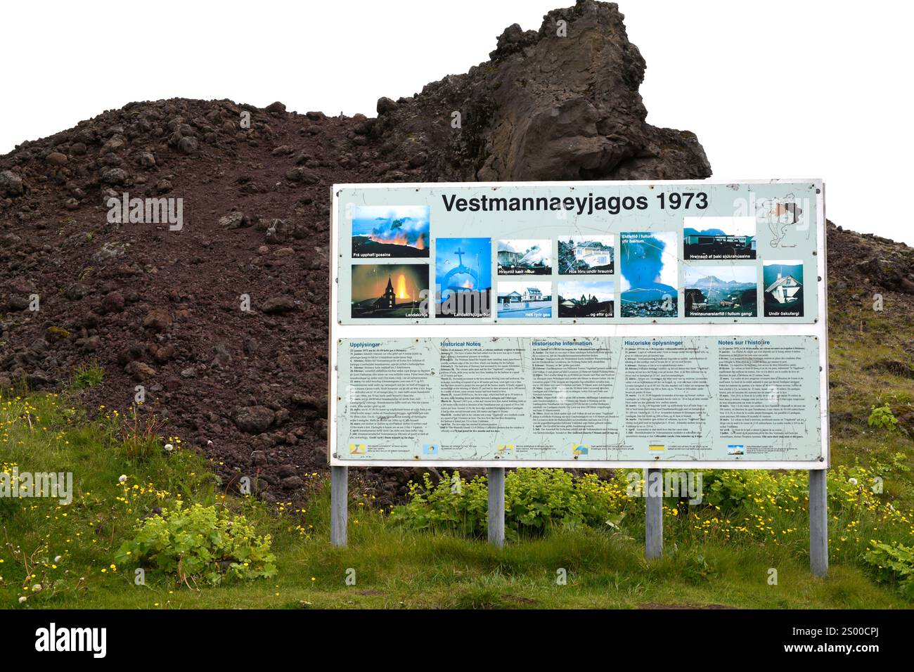 Heimaey city. Information poster about the vlocano Eldfell eruption in ...