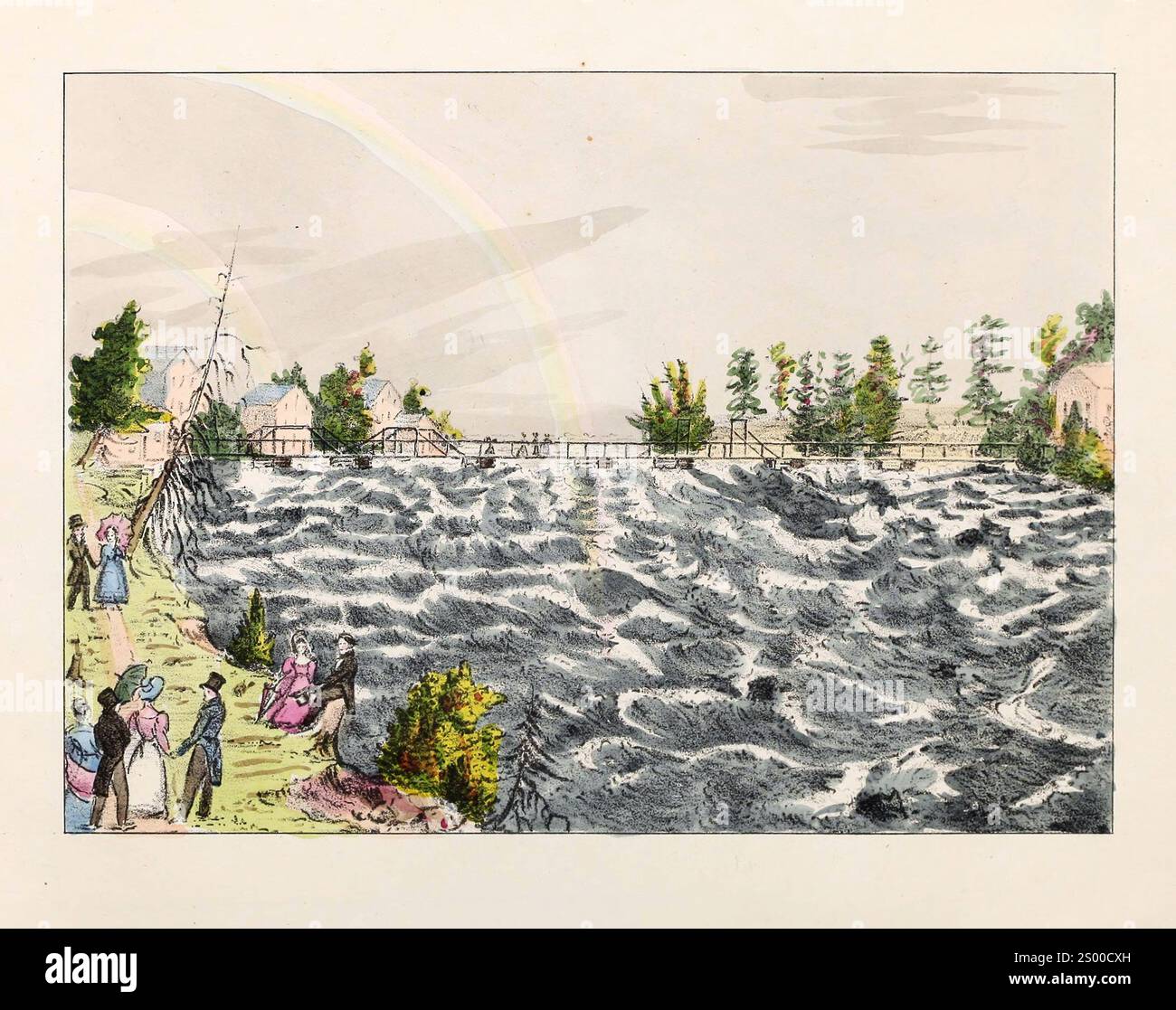 Rapids and bridge, above the Fall, American shore. Vintage coloured ...