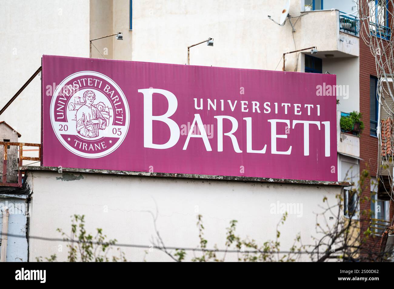 Purple sign of the Barleti University in Tirana, Albania, DEC 8, 2024 ...