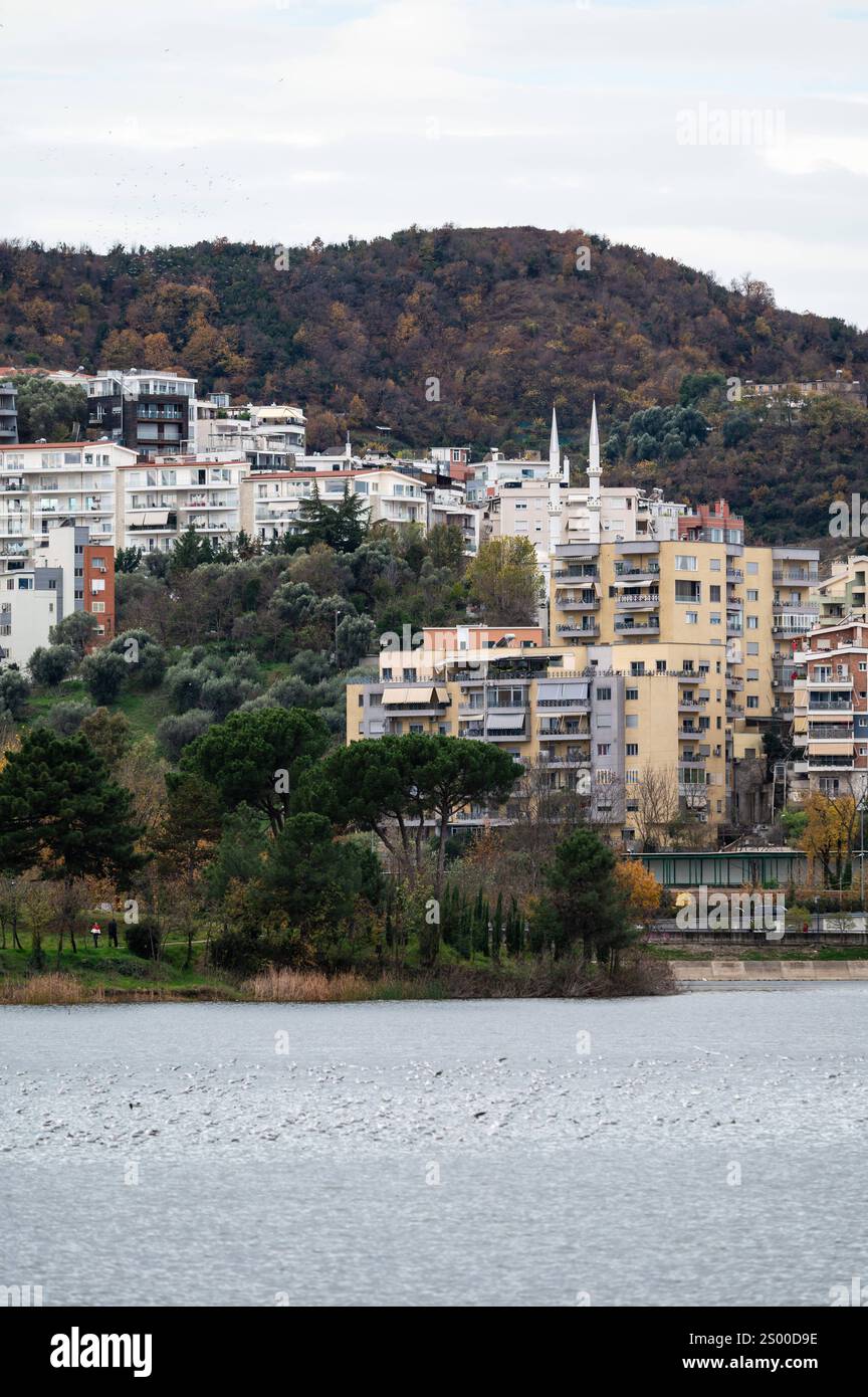 Landscape view over the city, artificial lake and park of Tirana ...