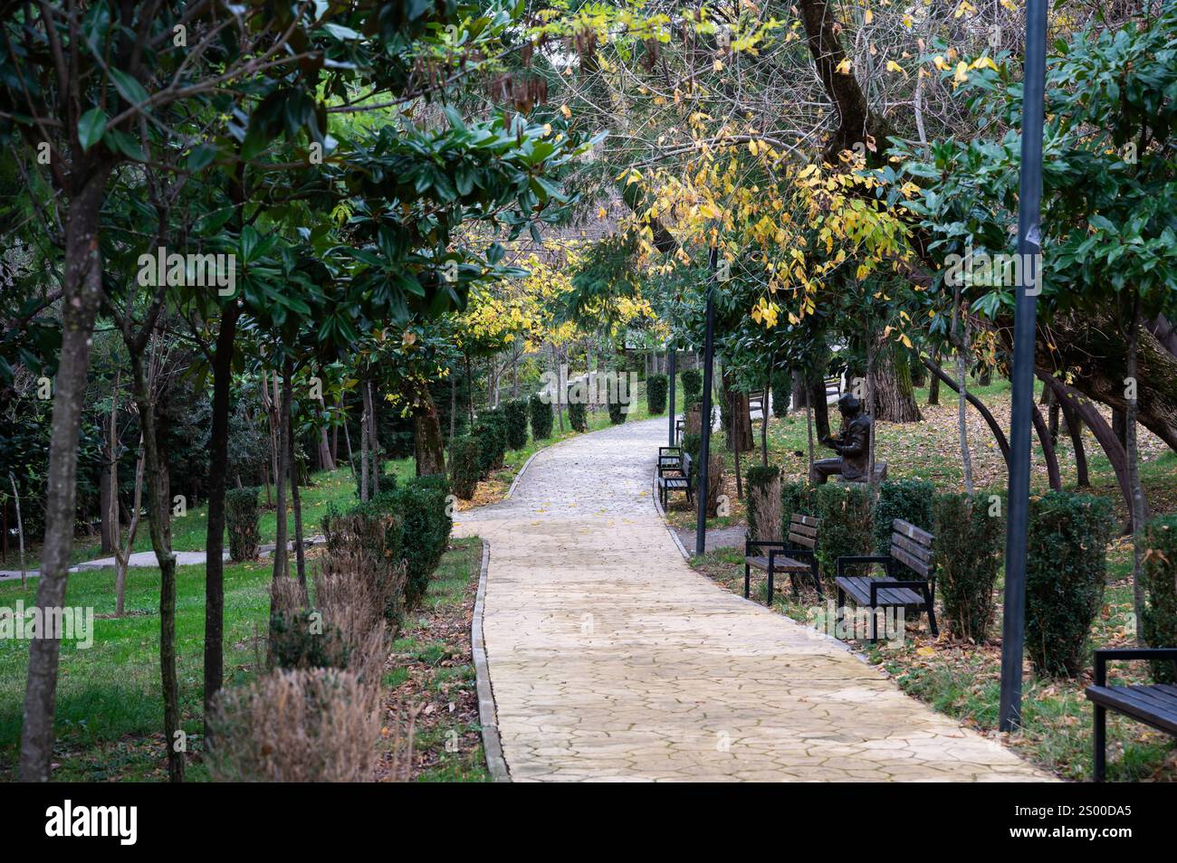 Scenic path through colorful autumn trees in the city park of Tirana ...
