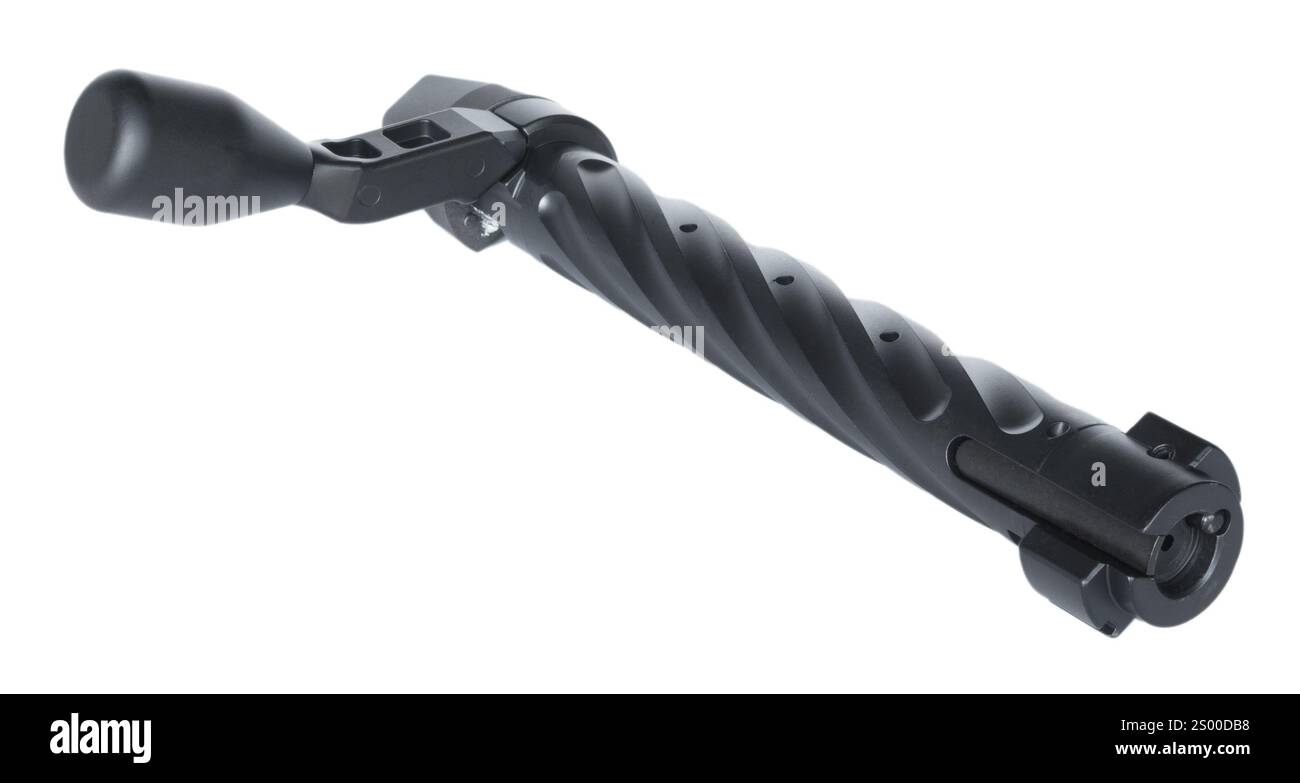 Isolated bolt action rifle bolt with a fluted body seen from the ...