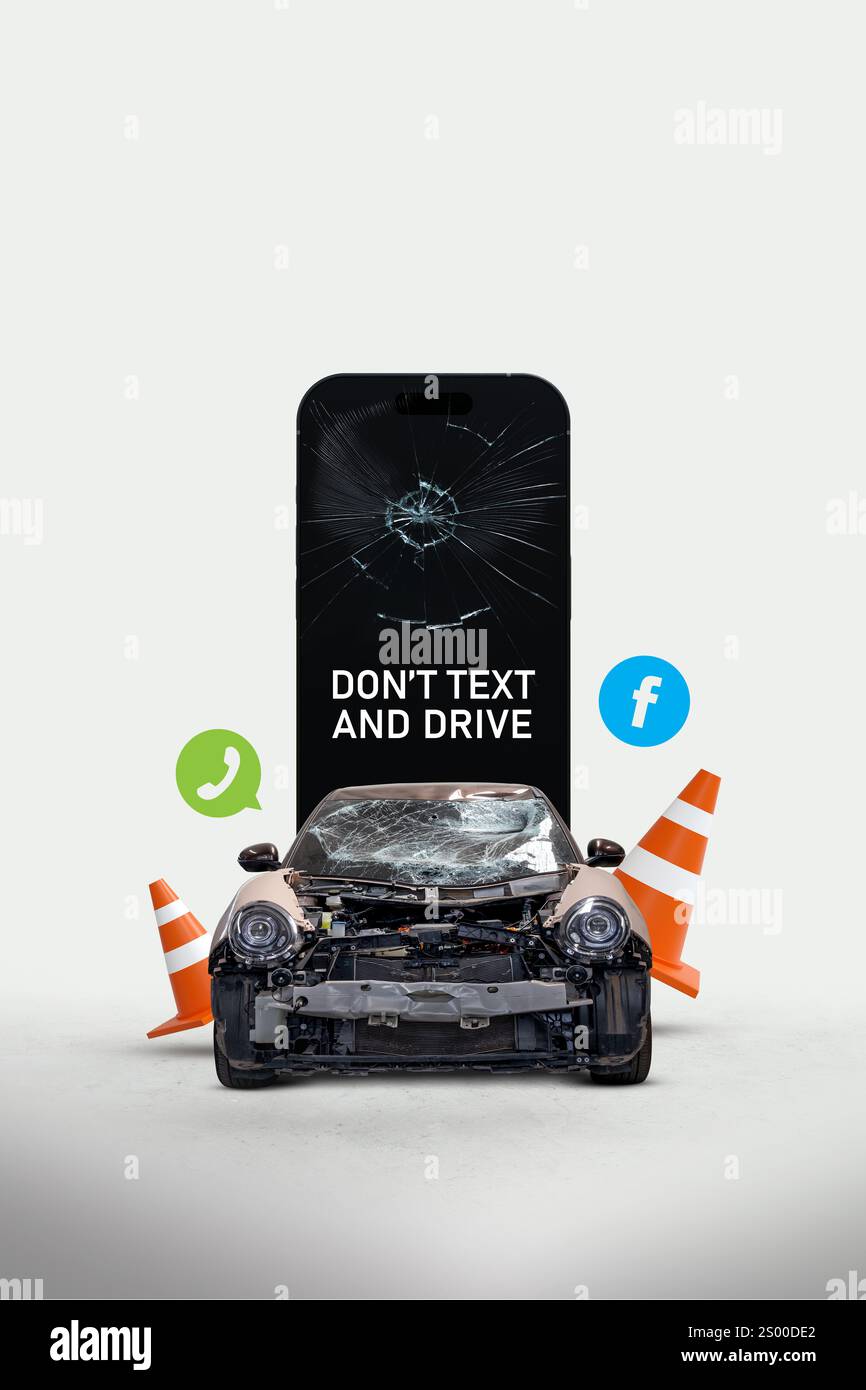 Crashed car with shattered windshield, broken smartphone screen ...