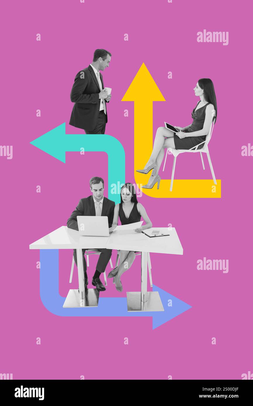 Vertical photo collage of two business girl guy sit office table ...