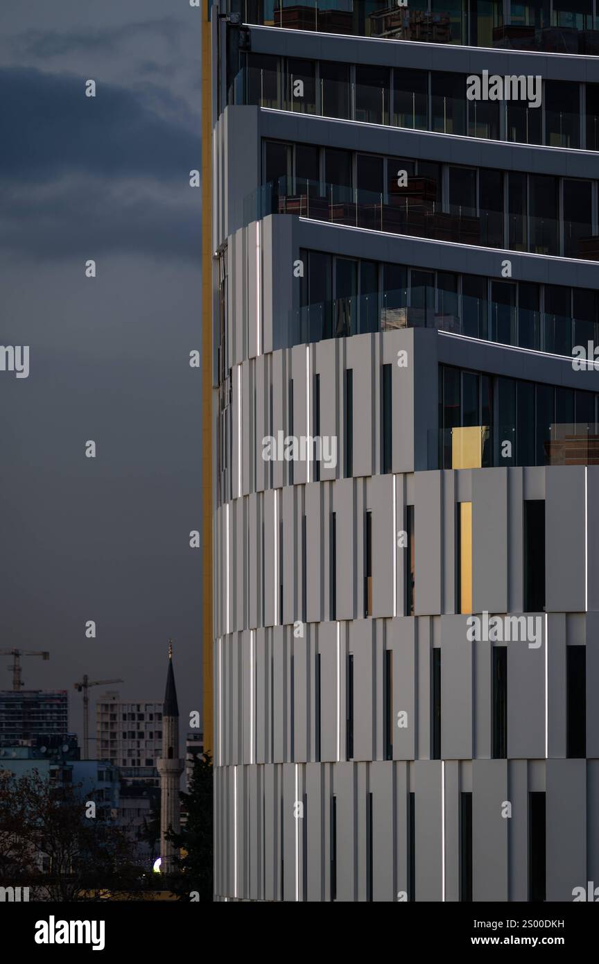 Contemporary abstract patterns of a high rise building by night in ...
