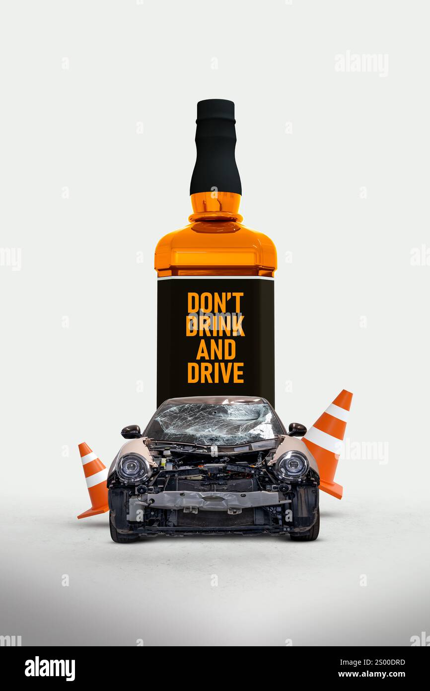 Conceptual image promoting road safety showing a wrecked car, alcohol ...