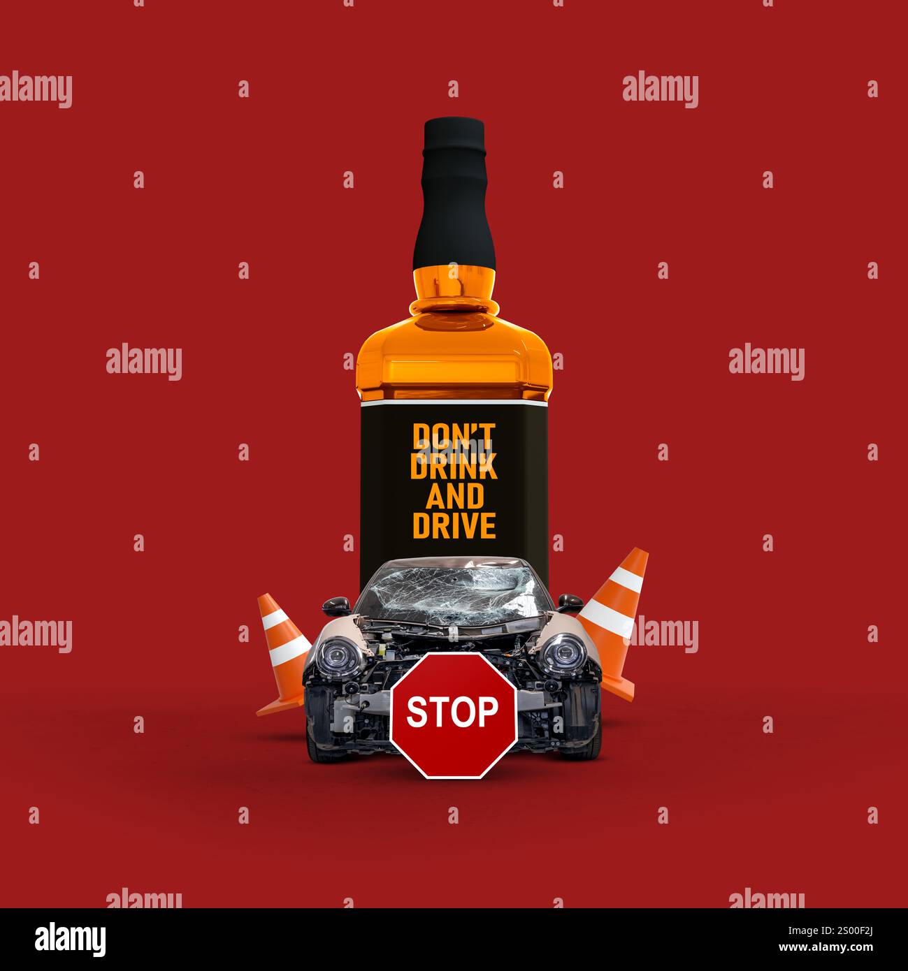 Conceptual image promoting road safety showing a wrecked car, alcohol ...