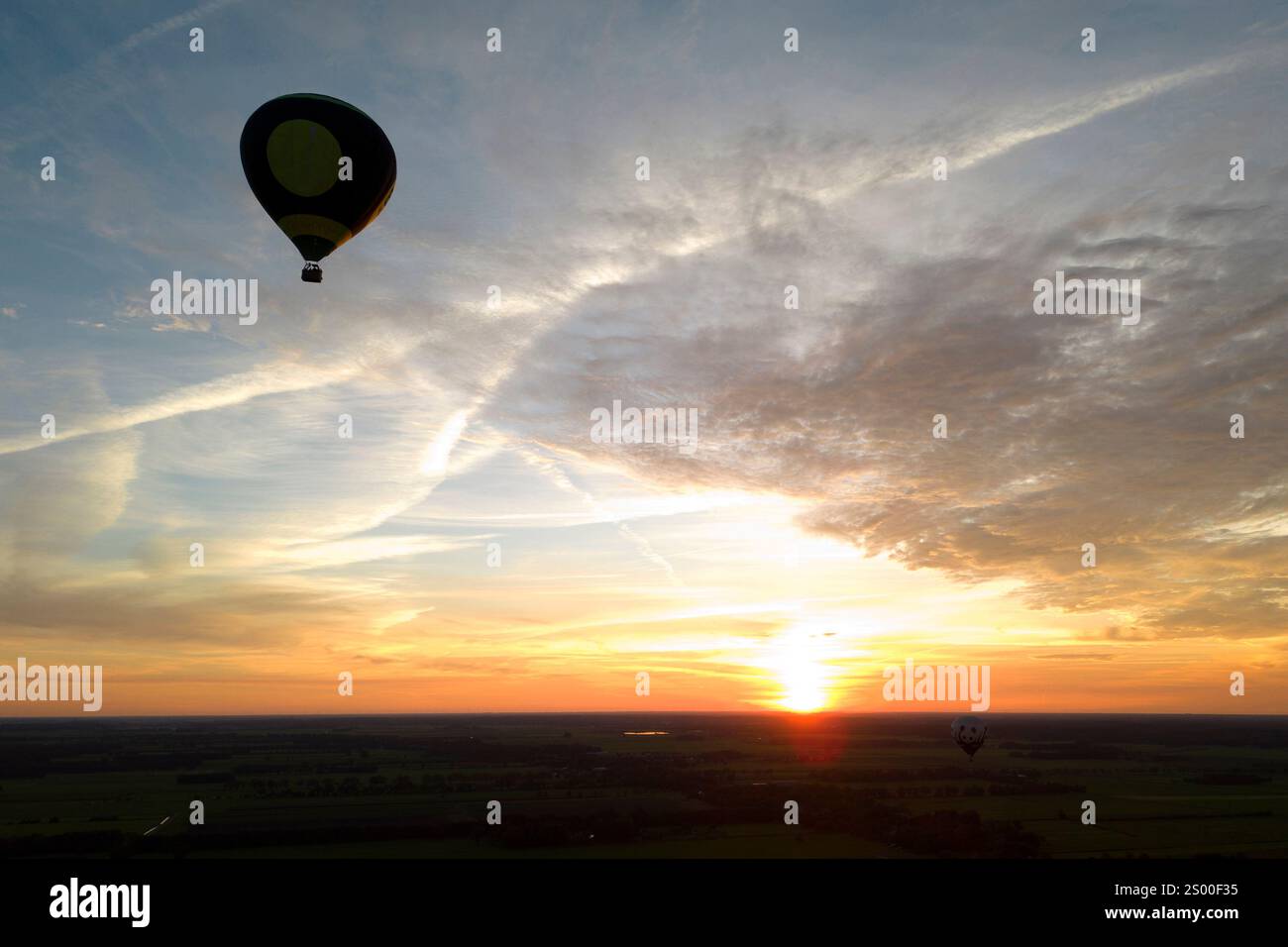 Aerial view of a hot air balloon during sunset, The Netherlands Stock ...