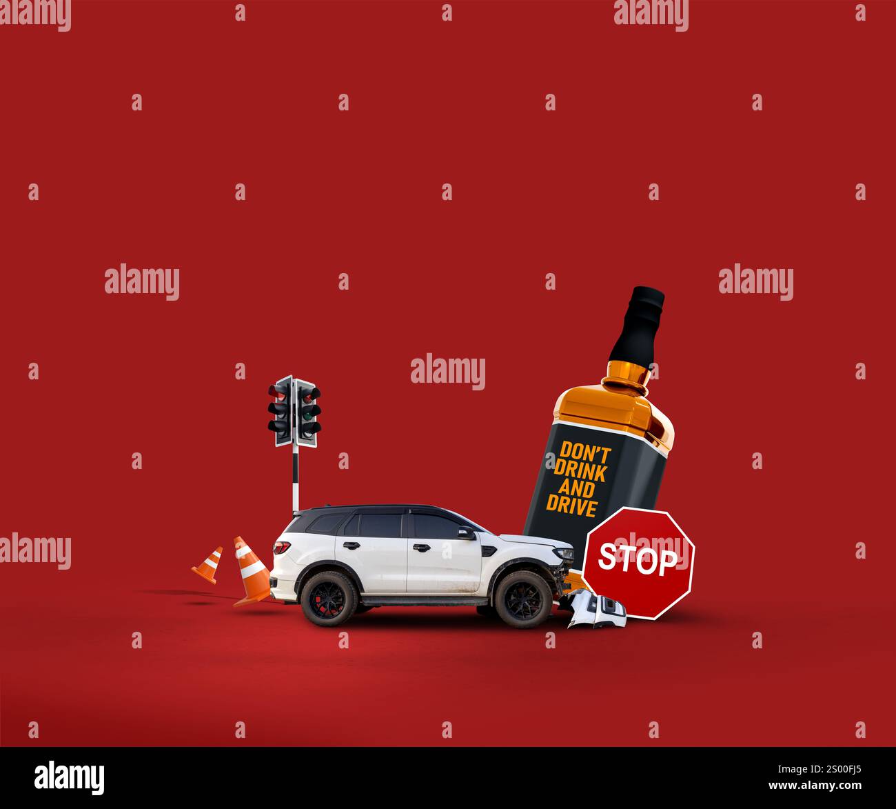 Conceptual image promoting road safety showing a wrecked car, alcohol ...