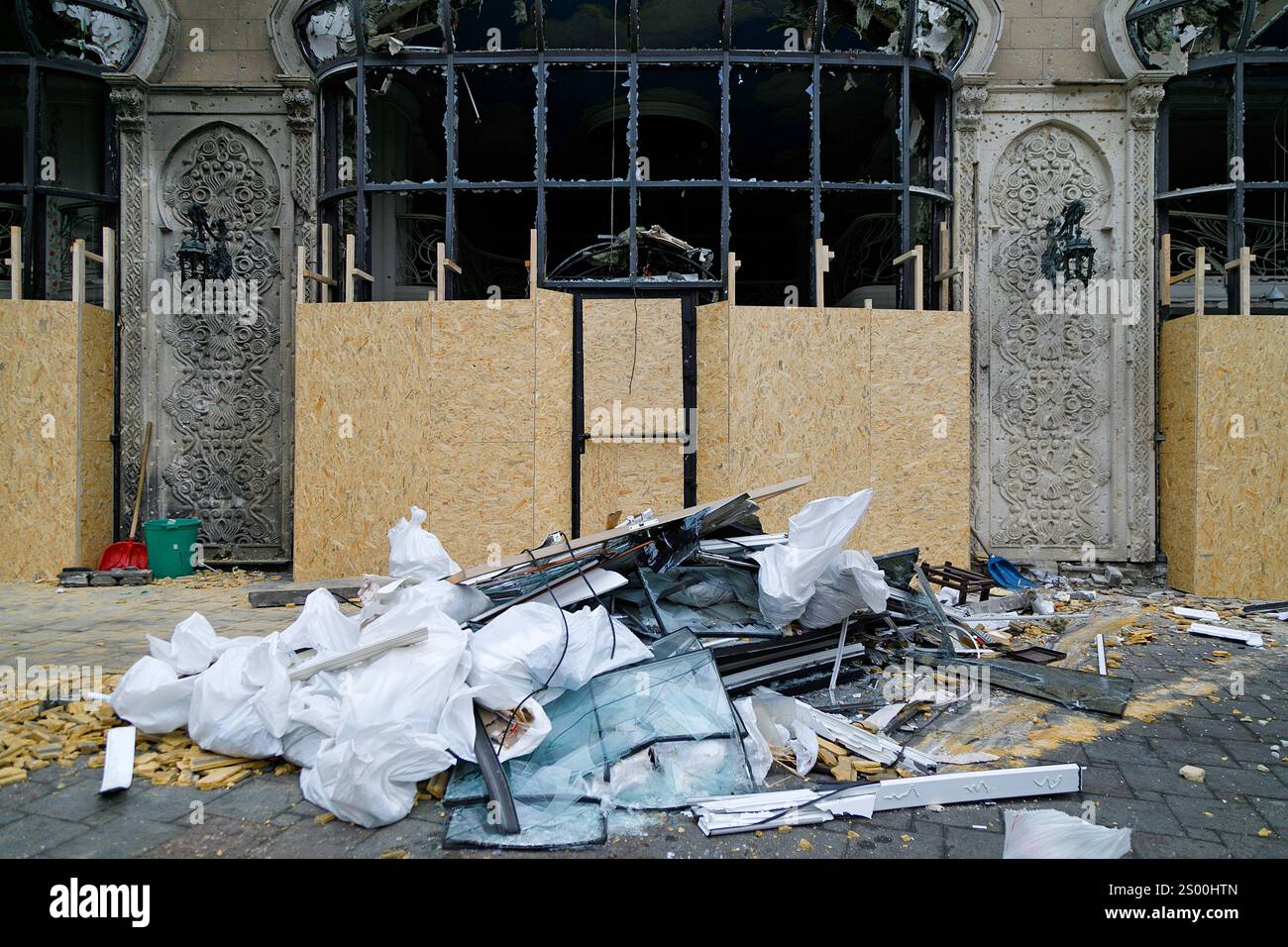 KYIV, UKRAINE - DECEMBER 23, 2024 - Broken windows knocked by the shock ...