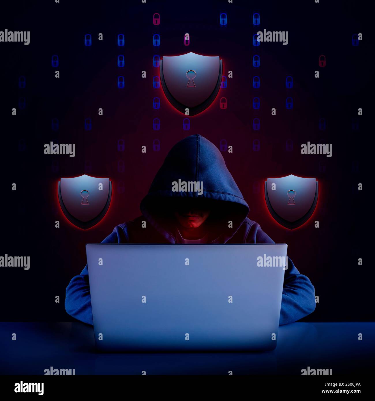 Hooded hacker using a laptop with shield icons symbolizing data ...