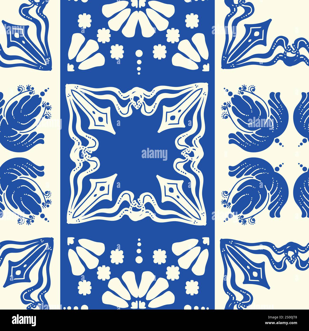 The blue and white seamless pattern displays symmetrical geometric ...