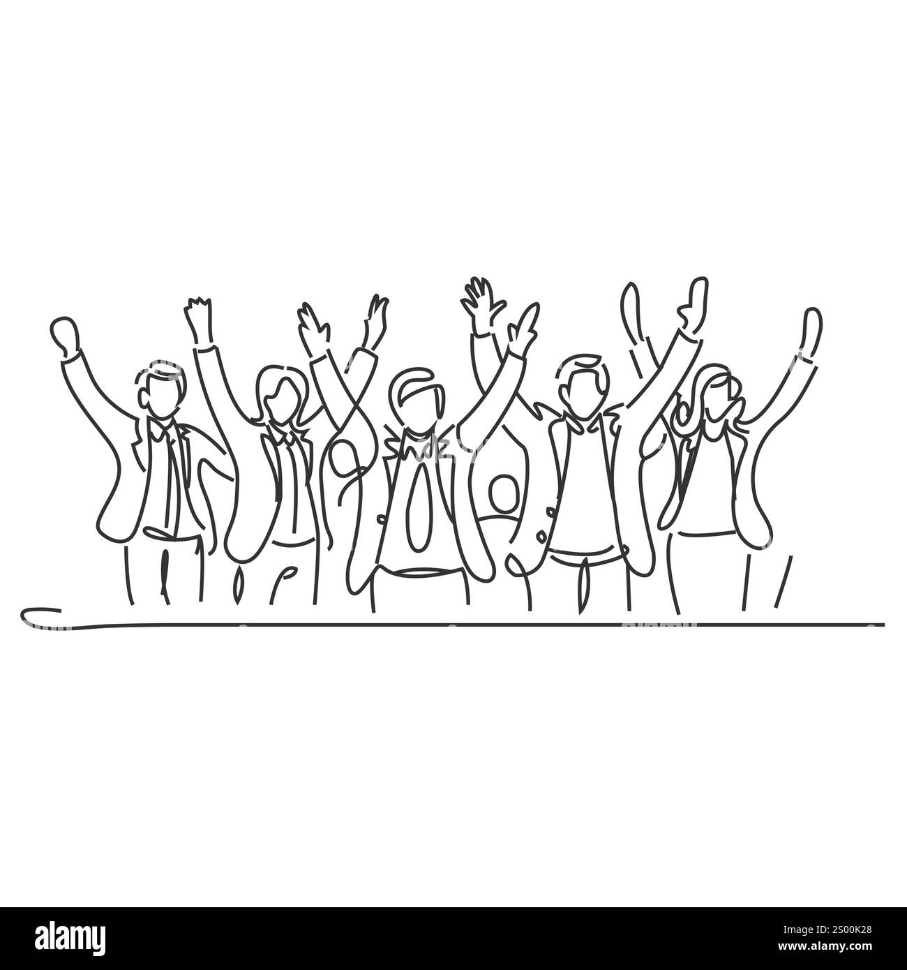Continuous line drawing of standing office team cheering, waving hands. Group of Happy Business ...