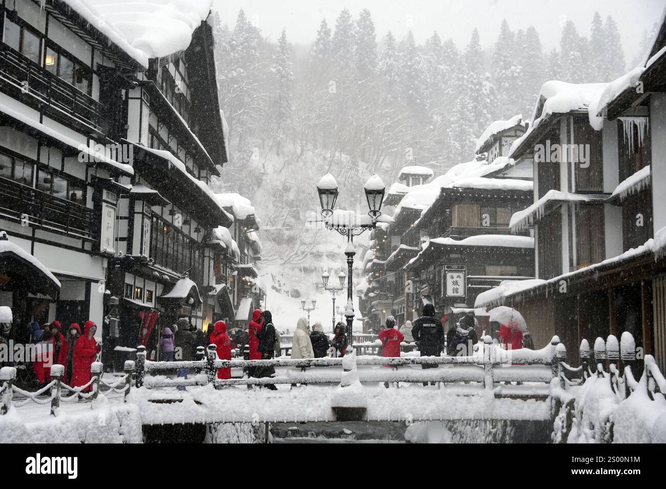 Ginzan Onsen hot spring resort is snow-covered in Obanazawa in Yamagata ...