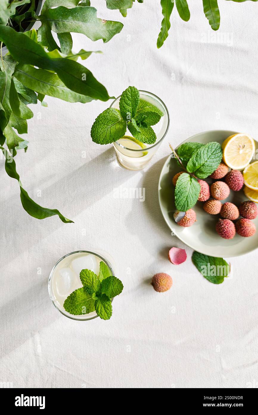 Refreshing lychee drink with lime, mint leaves and ice. Non-alcoholic sparkling cocktail fizzy ...
