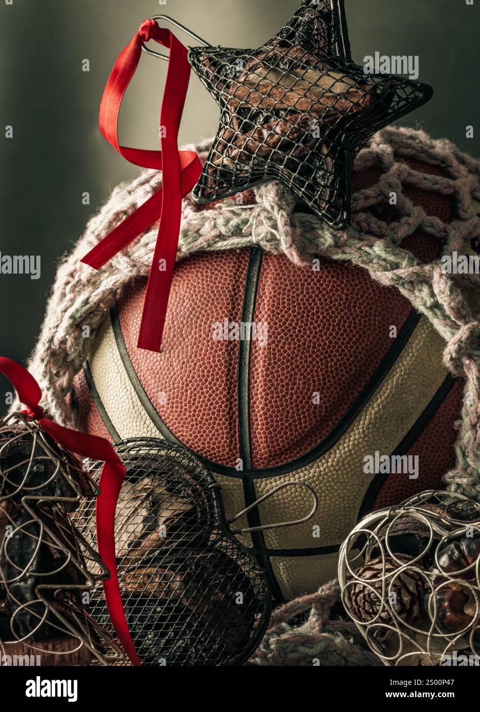 Basketball ball inside of mesh net string decoration with Christmas ...