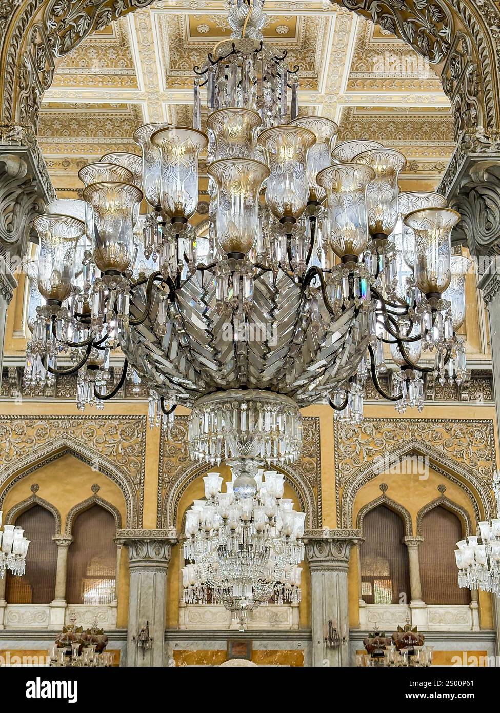The crystal chandelier in Darbar Hall of Chowmahalla Palace in ...