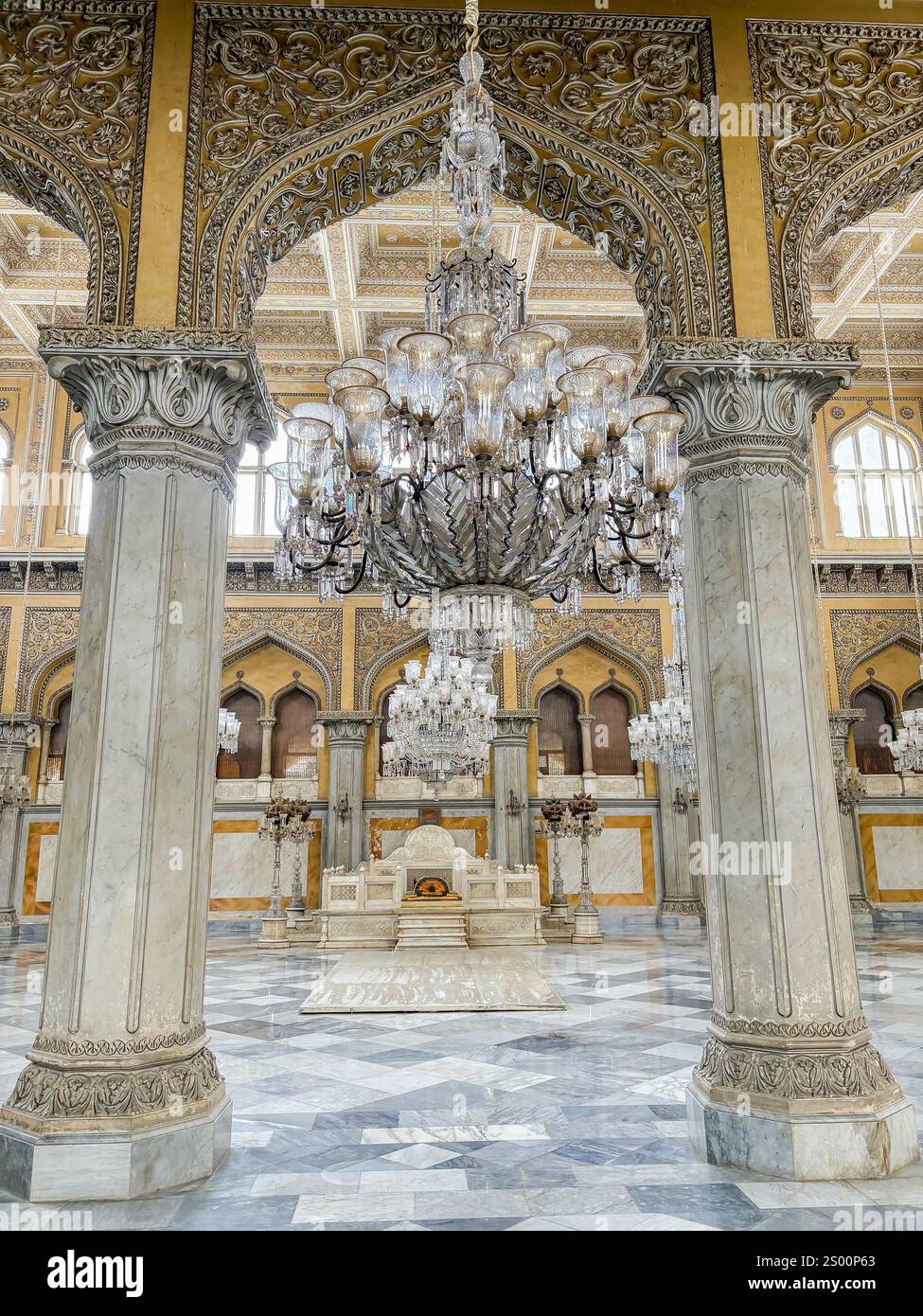The crystal chandelier in Darbar Hall of Chowmahalla Palace in ...