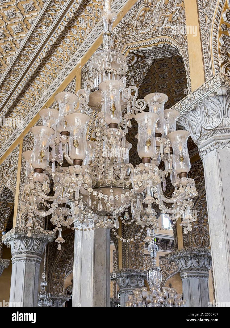 The crystal chandelier in Darbar Hall of Chowmahalla Palace in ...