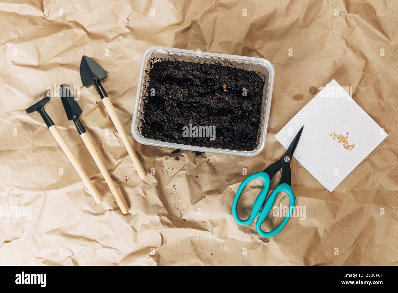 Kraft paper background, fertile soil and garden tools on top, top view ...