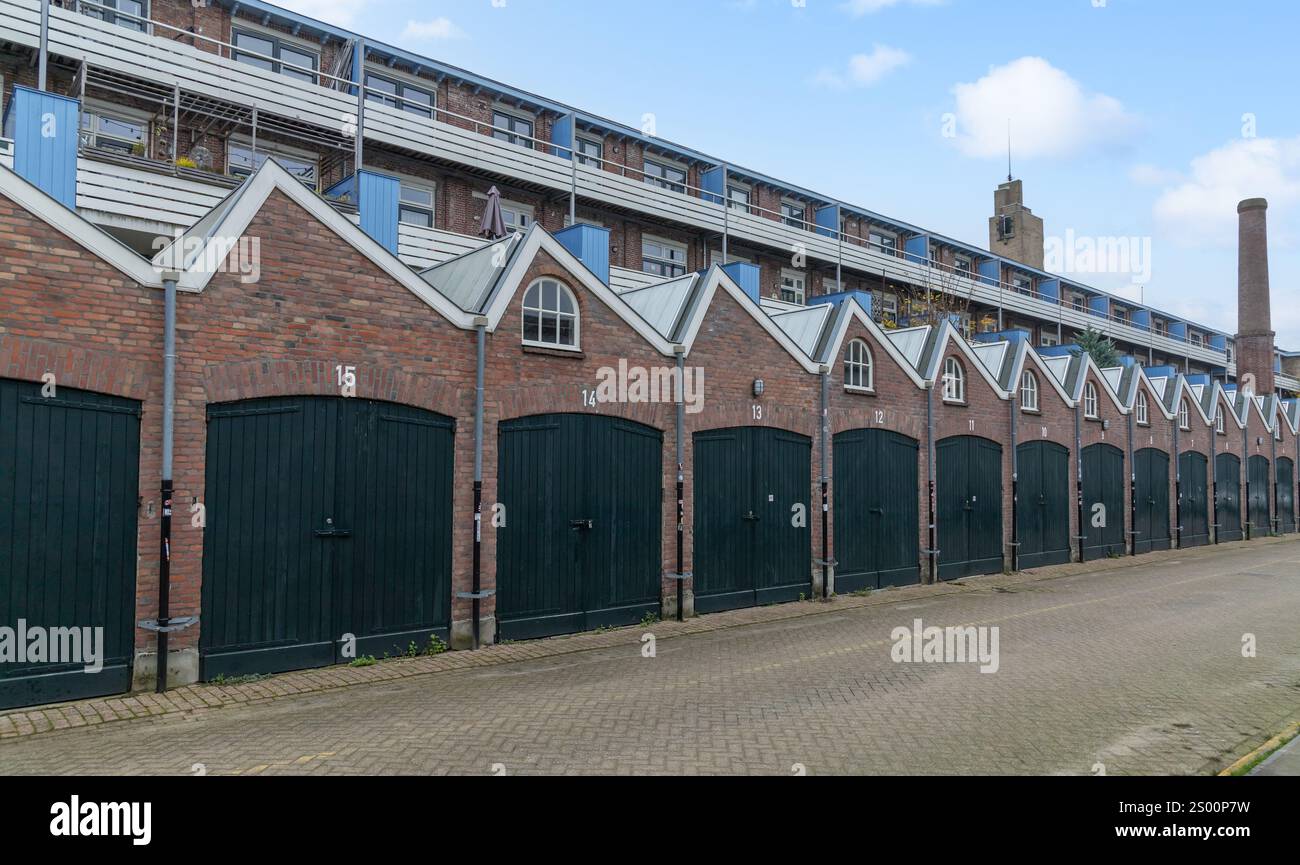 Outdoor street view in front of exterior garage entrance with wooden ...