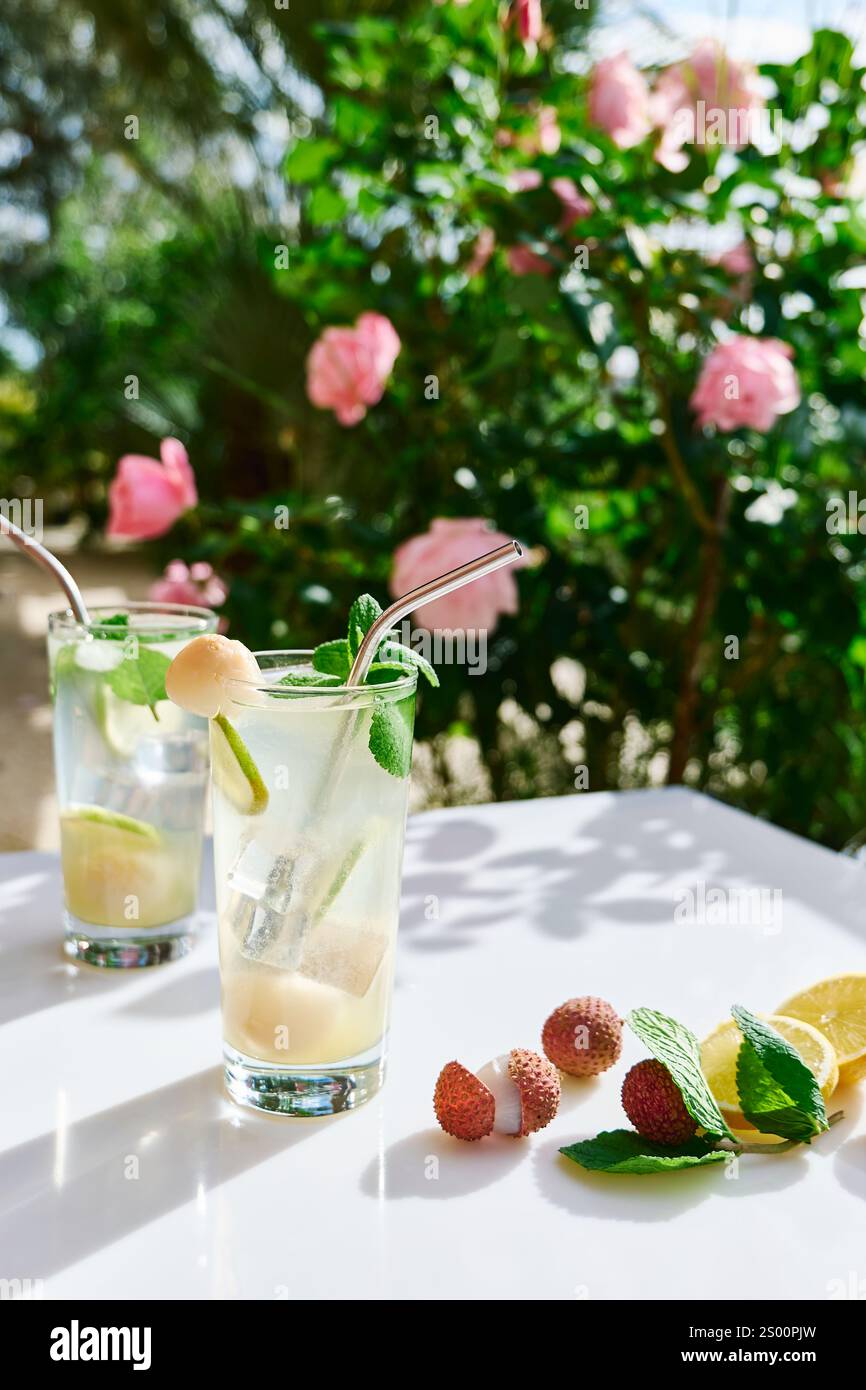 Refreshing lychee drink with lime, mint leaves and ice. Non-alcoholic sparkling cocktail fizzy ...