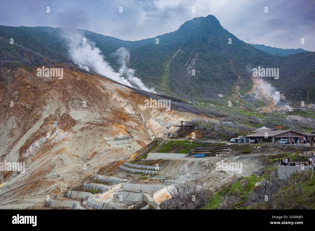 Hakone, Japan, June 17, 2024: The sulfur mine in the Owakudani volcanic ...