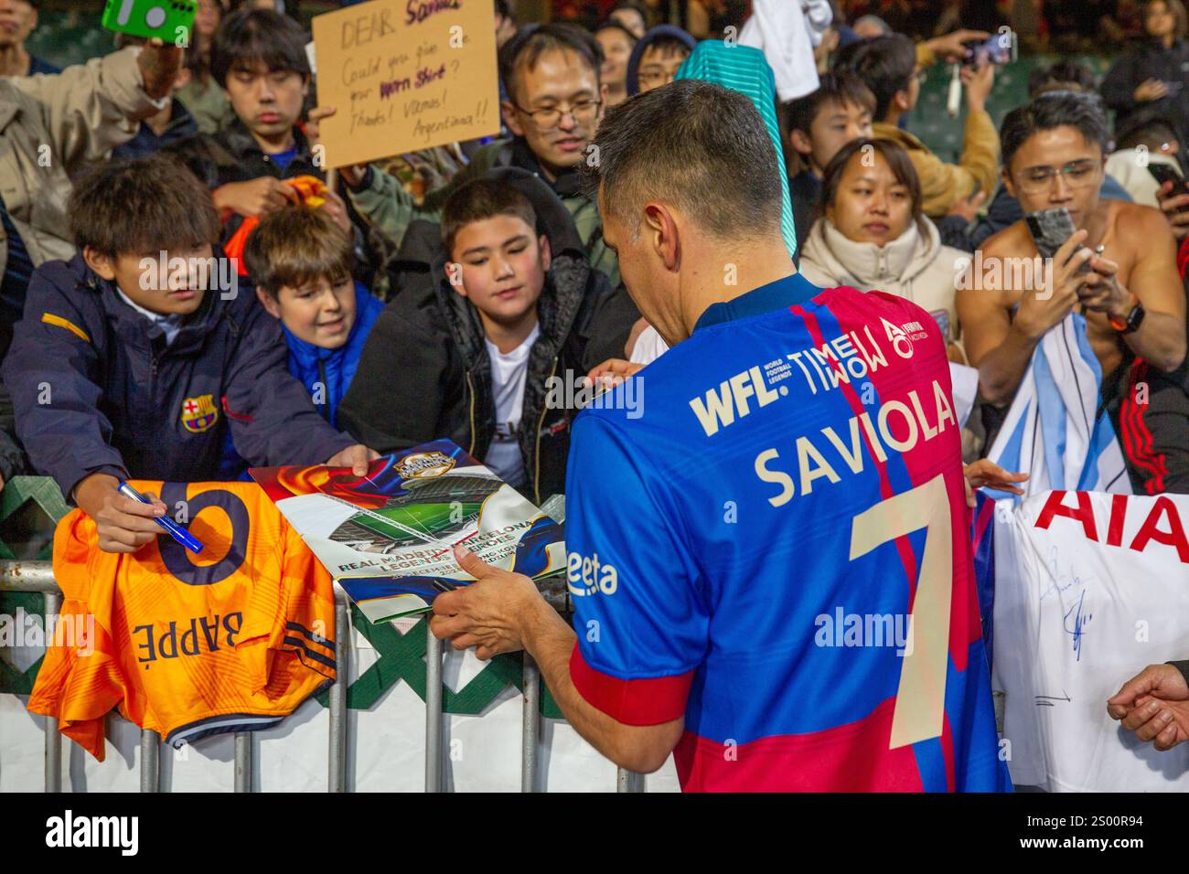 Javier Saviola of BARCELONA HEROS in action with fans during LEGENDS ...