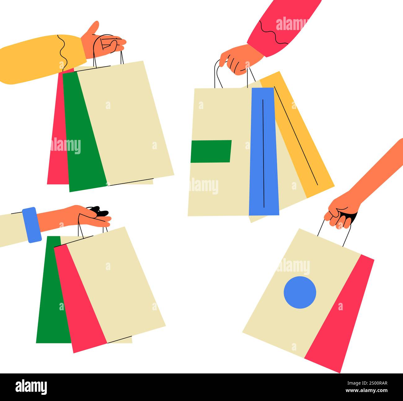 hopping Bags Held By Hands In Flat Vector Illustration Symbolizing ...
