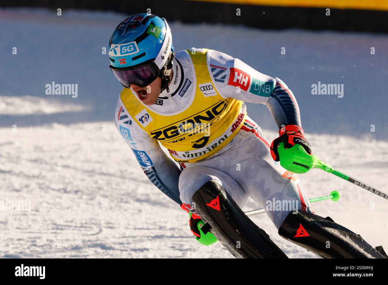 Norway's Timon Haugan celebrates at the finish area of an alpine ski ...