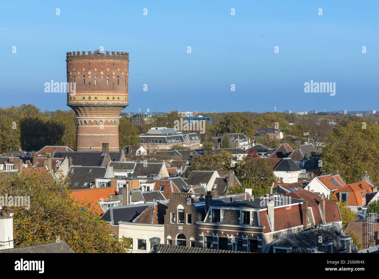 Water tower Lauwerhof skyline and cityscape Utrecht with a blue cloudy ...