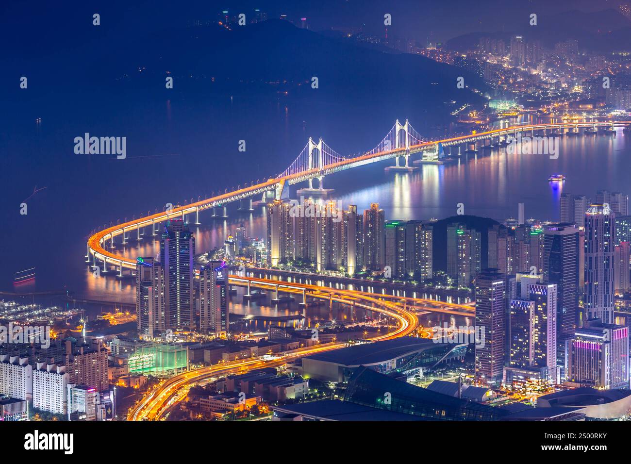Busan city and skyscrapers in Haeundae district and Gwangan Bridge ...