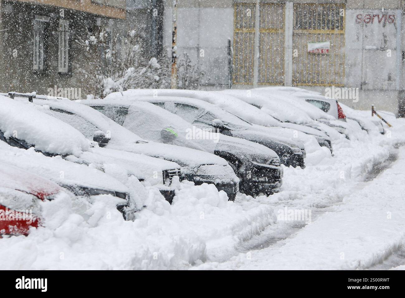 Cars are seen covered with snow during heavy snowfall in Bihac, Bosnia ...