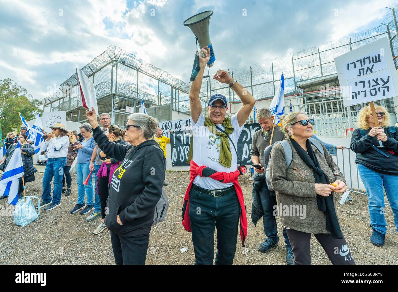 Kishon, Israel - December 21, 2024: People are protesting near the ...