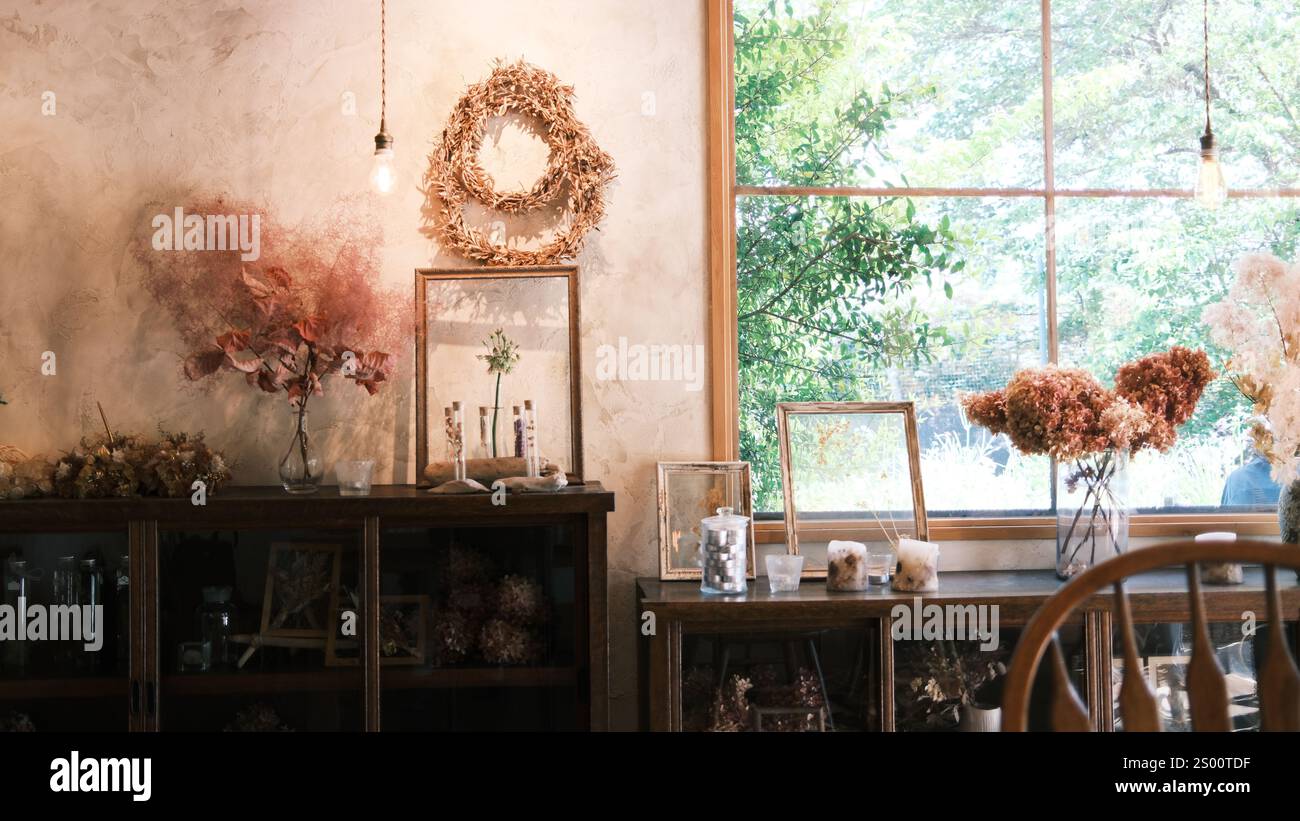 a Incandescent bright bulb under the rooftop of Preserved flower in a ...