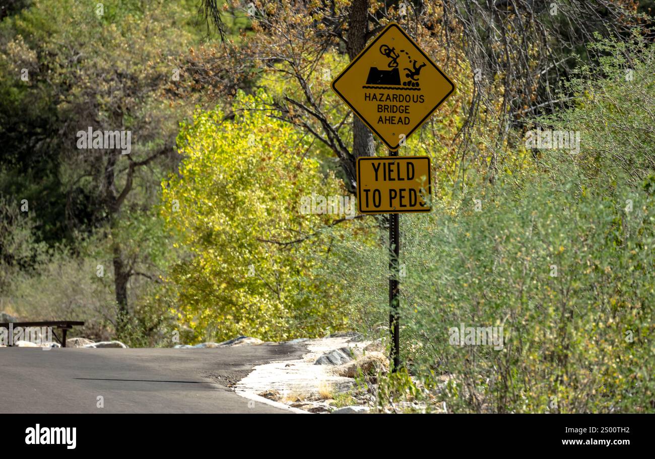 Hazardous Bridge Ahead Sign In Tucson on curvy mountain road Stock ...