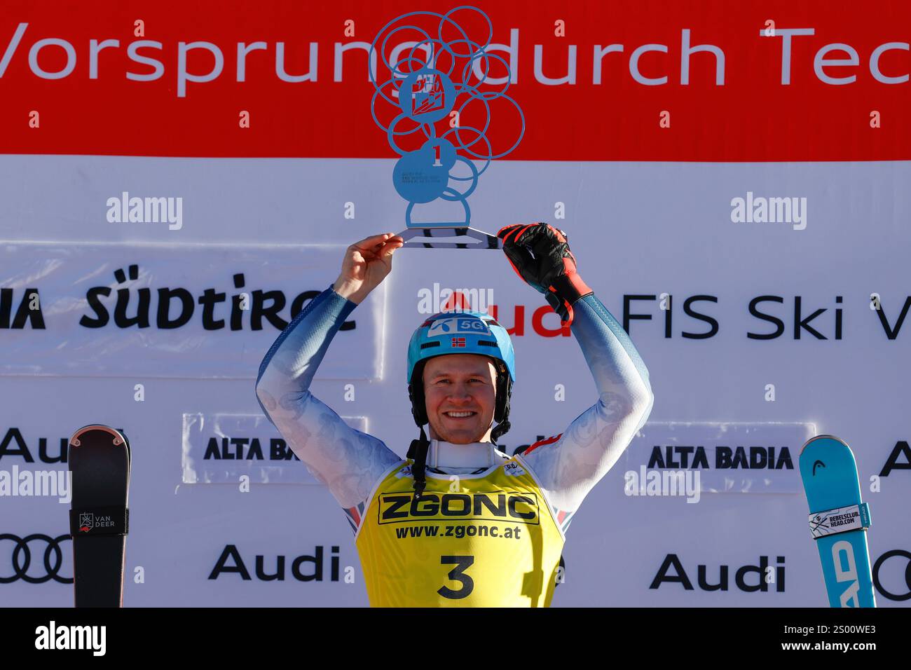 Norway's Timon Haugan celebrates on the podium after winning an alpine ...