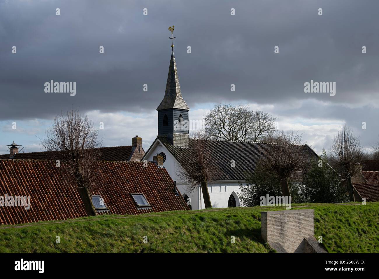 View over grass overgrown rampart around the village of Bourtange ...