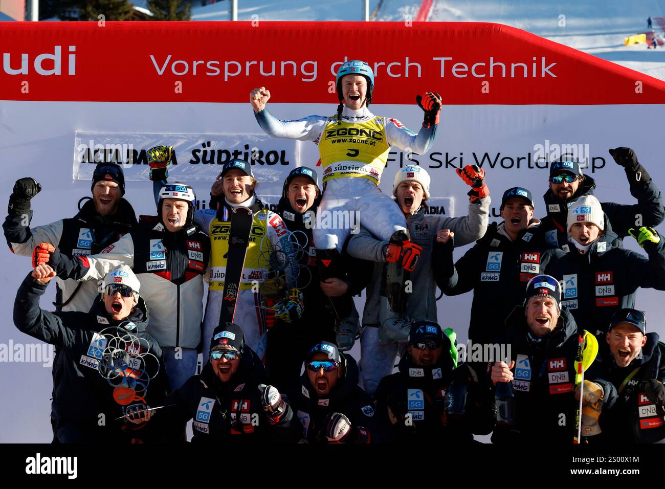 Norway's Timon Haugan celebrates with the team after winning an alpine ...